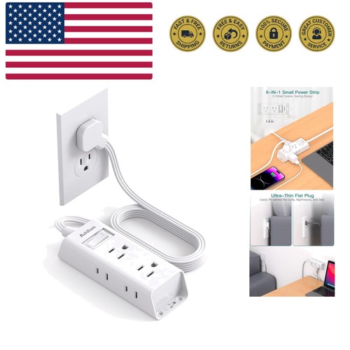 Right Angle Flat Plug Power Strip - 6 AC Outlets & Wall-Mountable for ...
