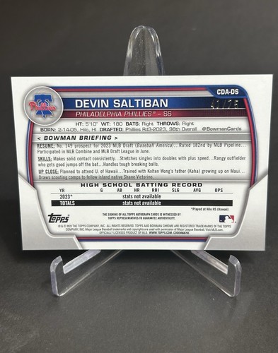 2023 Bowman Chrome Draft 1st Auto DEVIN SALTIBAN Black Refractor /75 ...