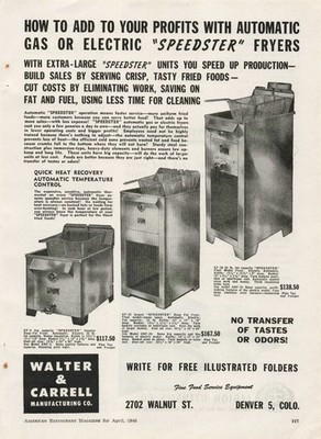 VTG 1948 Print Ad Walter & Carrell Manufacturing Speedster Fryers ...