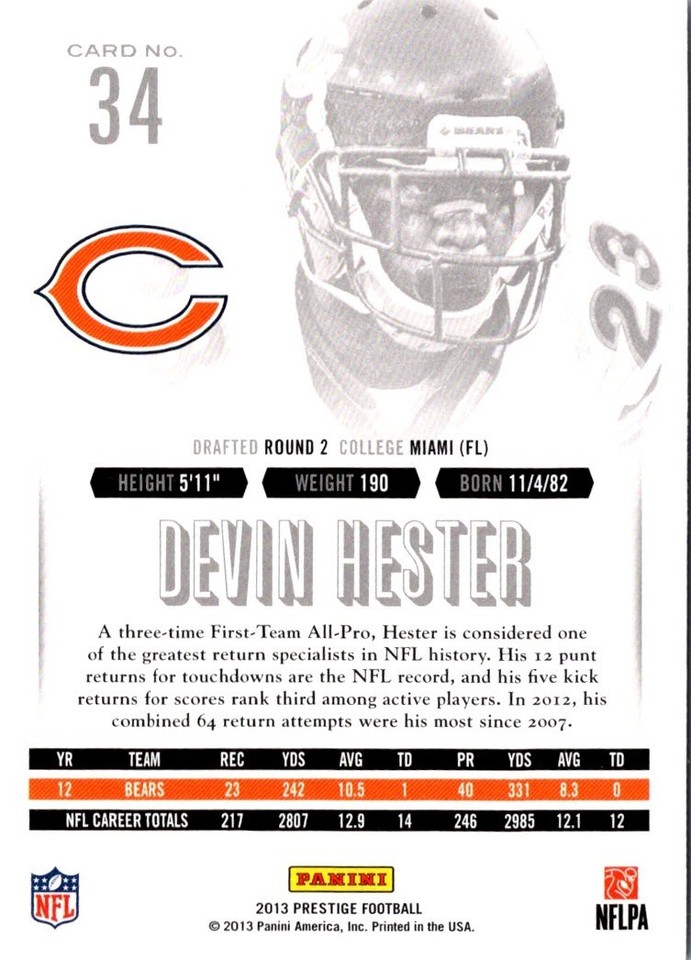2013 Panini Prestige Devin Hester #34 Chicago Bears Football Card | eBay