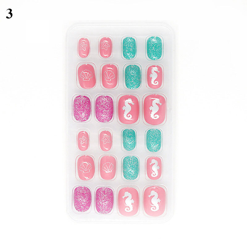 Kids Childrens Girls Fake Stick Press On False Finger Nail Cover Decor ...