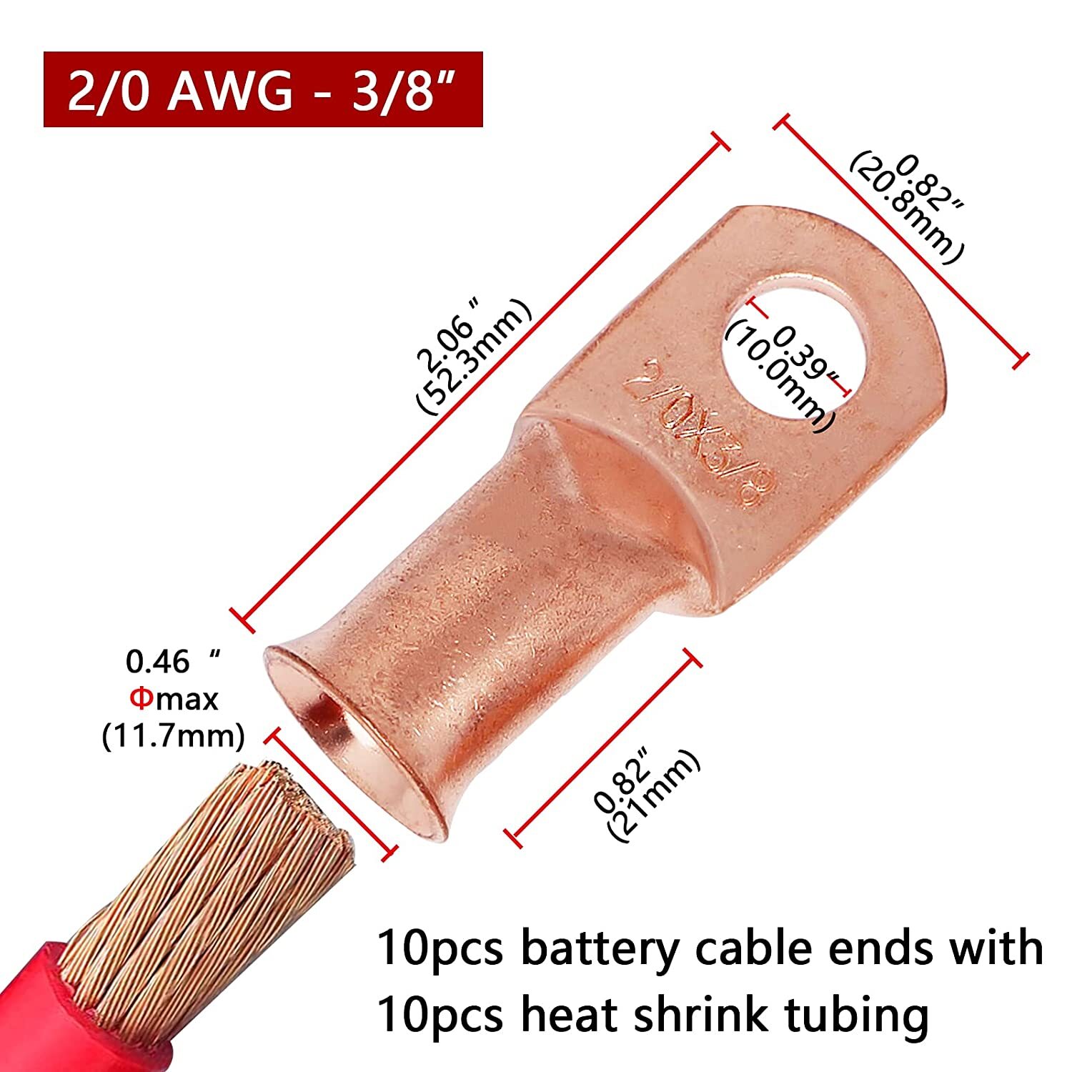 20x 2/0 AWG Gauge Copper Lugs | BLACK & RED Heat Shrink End Ring ...