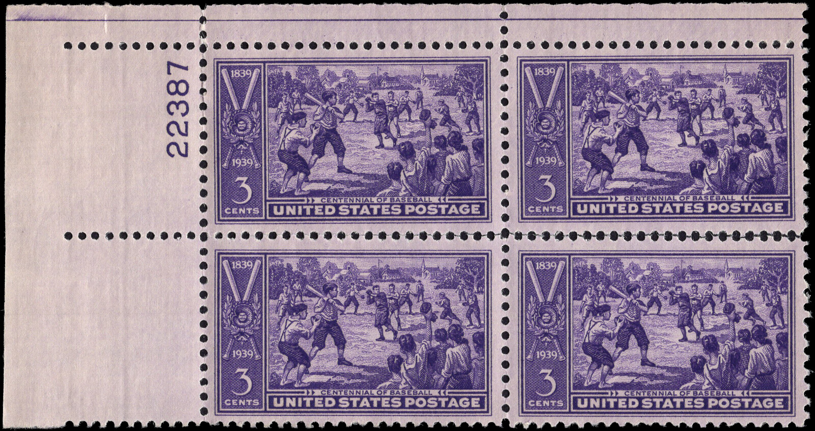 US Scott # 855, Baseball Centennial, Plate Block (note) of 1939 3 ...