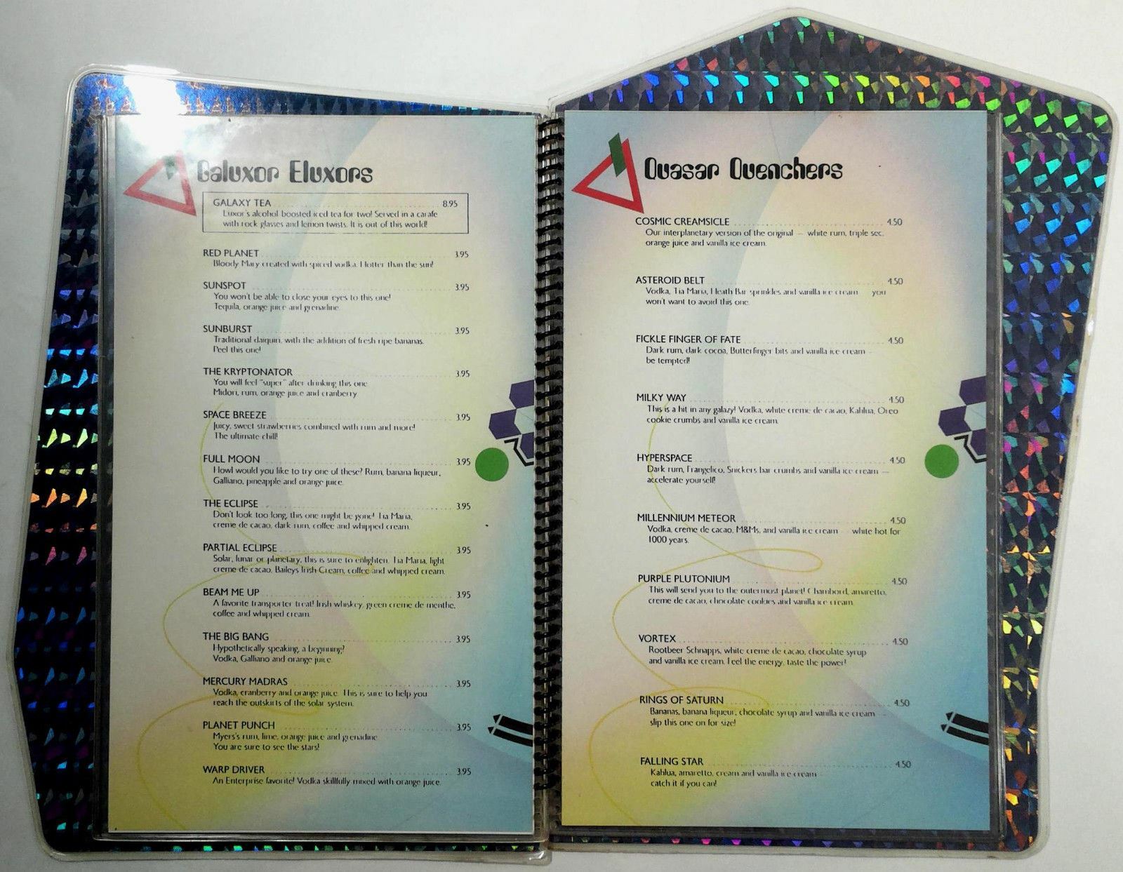 RARE LUXOR Space Age HOLOGRAPHIC Menu MILLENIUM HIGH ENERGY CAFE Las ...