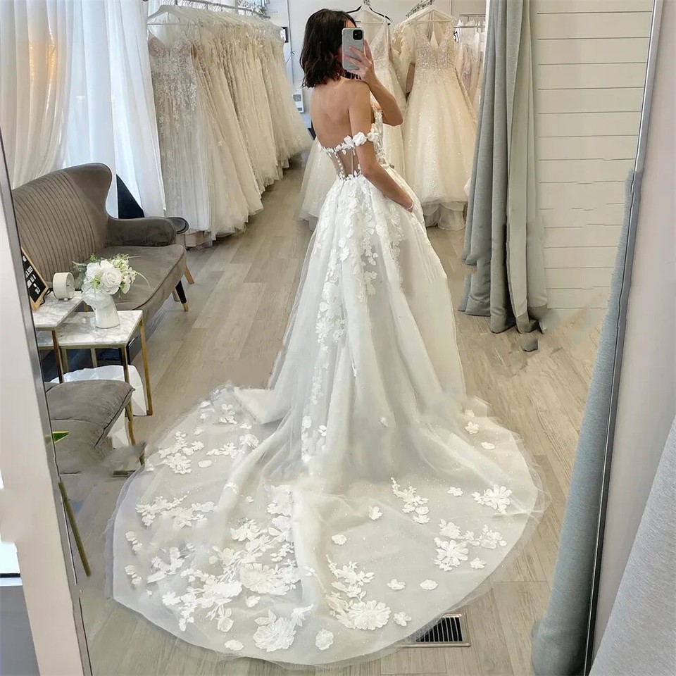 Lace Wedding Dresses Off the Shoulder Side Split A-line Sweep Train ...