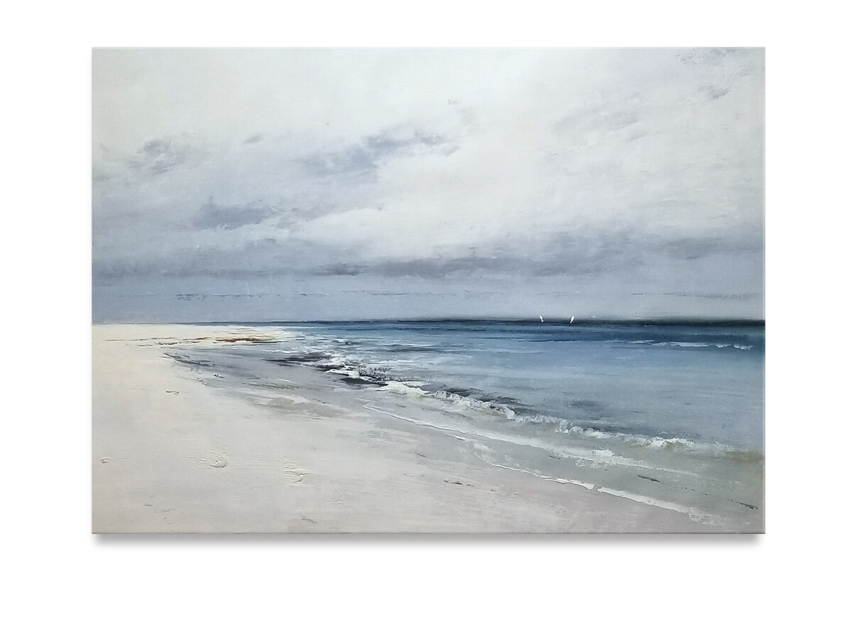 Large Beautiful art of blue gray seascape ocean white sand beach ...