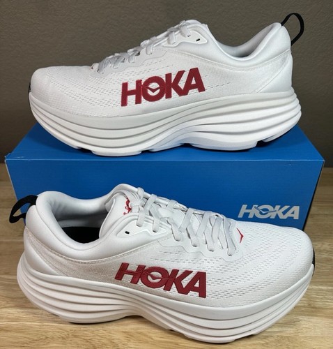 Men's HOKA One Bondi 8 Shoes Triple White Red Marathon Running Shoes ...