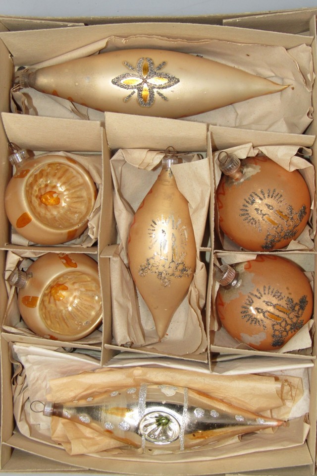 Set Vintage Glass GOLD Stencil Pictured DROP BALL Christmas Ornaments ...