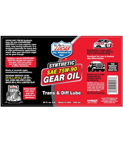 75w-90 Synthetic Gear Oil Lucas Oil - 1 Gallon Container Lucas Oil Gear ...