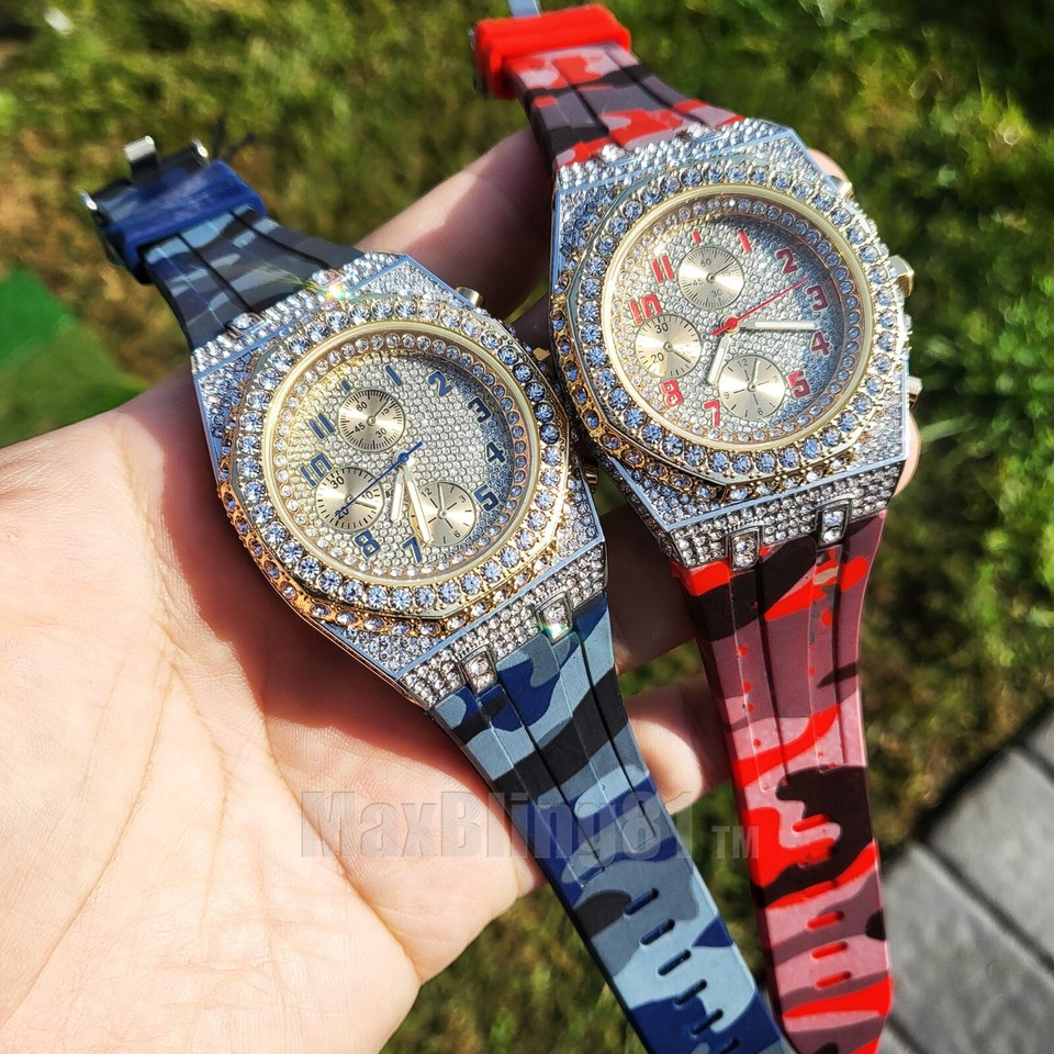 LUXURY HIP HOP ICED CAMOUFLAGE SILICONE BAND SIMULATED DIAMOND BLING ...