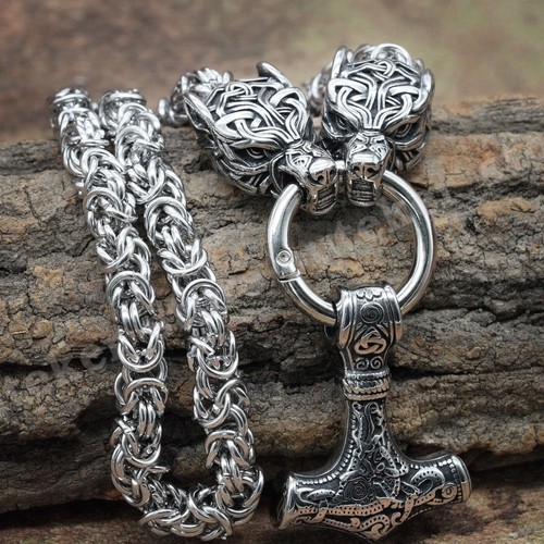 WOLF PAW HEAD MEN NORDIC VIKING WITH MJOLNIR HAMMER PENDANT NECKLACE ...
