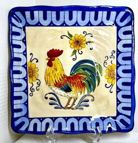 Vintage Hand Painted Rooster Plate Scalloped Blue Border Edge | eBay