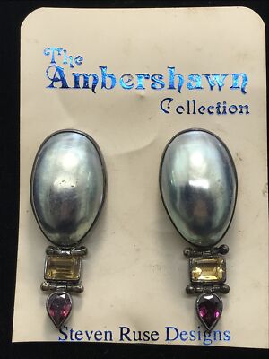 Vintage Steven Ruse Ambershawn 925 SS Osmena Pearl & Multi Gem Earrings ...