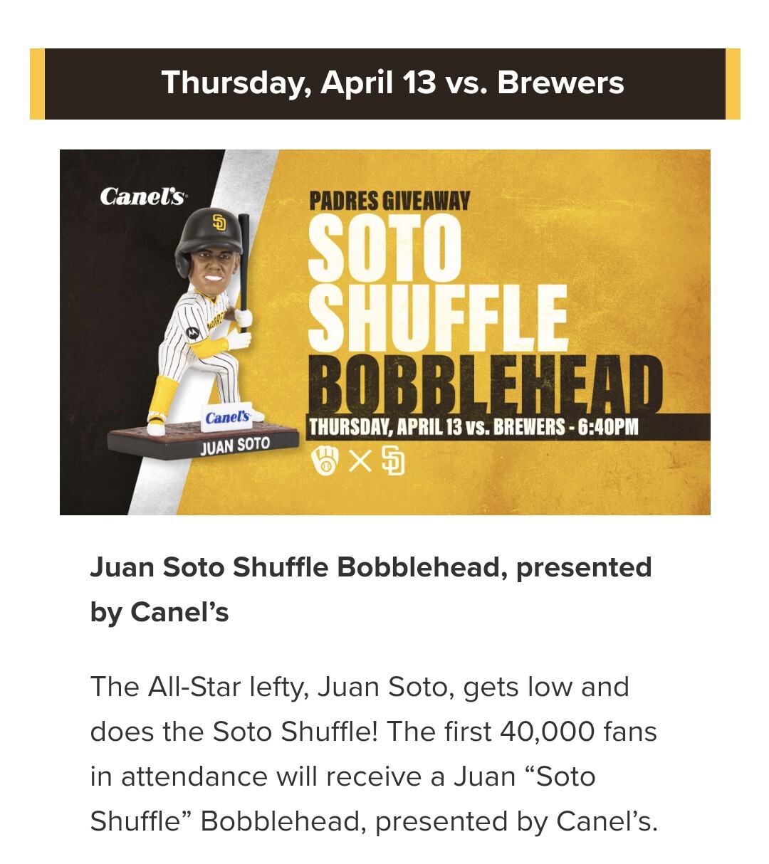 Juan Soto Shuffle Bobblehead SGA San Diego SD Padres 4/13/23 New In Box ...