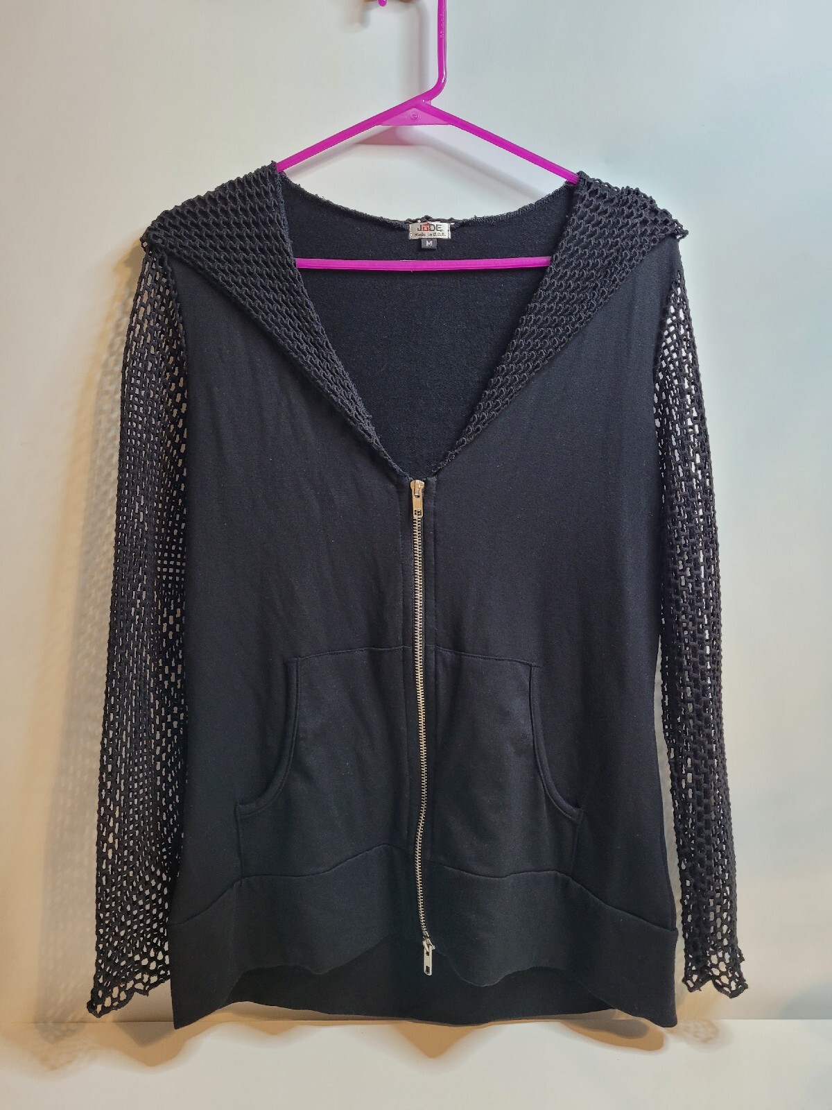 JUDE BLACK CROCHET FISHNET HOOD SLEEVES DOUBLE ZIP HO… - Gem