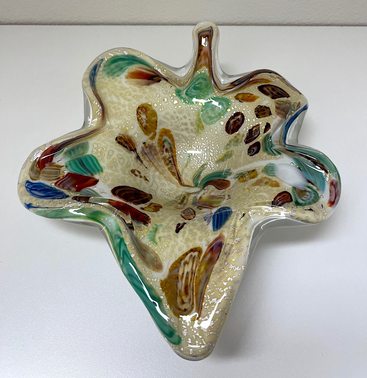 Murano AVEM Glass Leaf Bowl w Gold Silver Inclusions MCM Italian Art ...