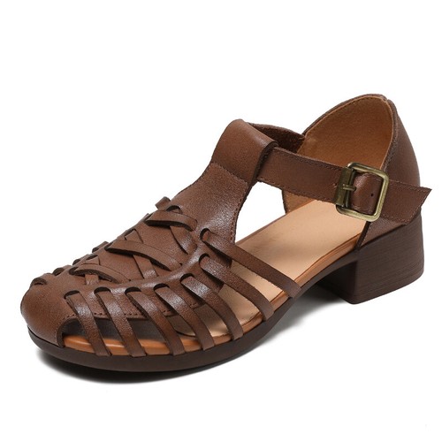 Roman Sandals Women's Brown Shoes Soft Ethnic Style Retro Mid Chunky ...