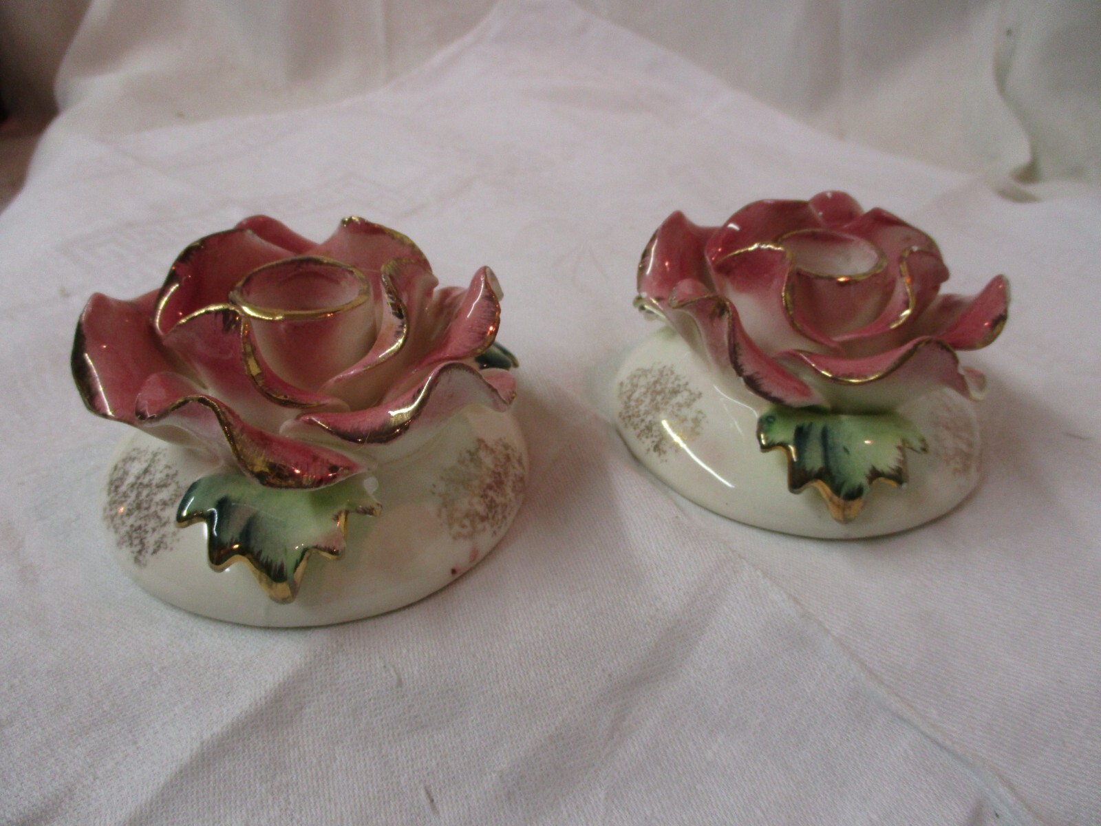 Vintage Japan Commodore porcelain pair Candle Holders pink Roses Flower ...