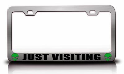 JUST VISITING Aliens UFO Space Steel License Plate Frame Car SUV i2 | eBay