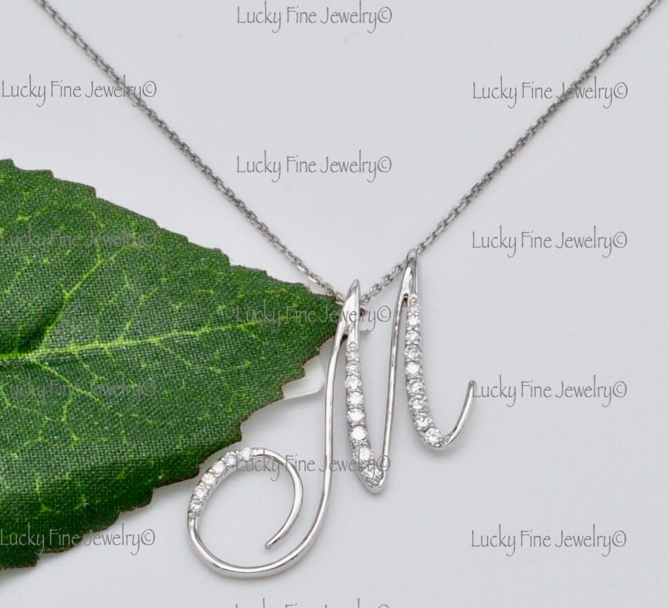 0.24 ct 14k White Gold Natural Diamond initial M Pendant Stylish Font ...