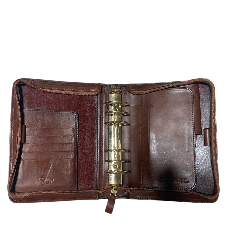 Franklin Quest Leather Zippered Planner Organizer Binder Green Brown 6 Ring | eBay