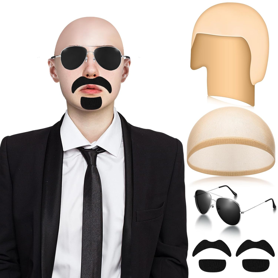 5 Pcs Bald Caps with Glasses and Mustache Bald Head Wig Cap Party ...