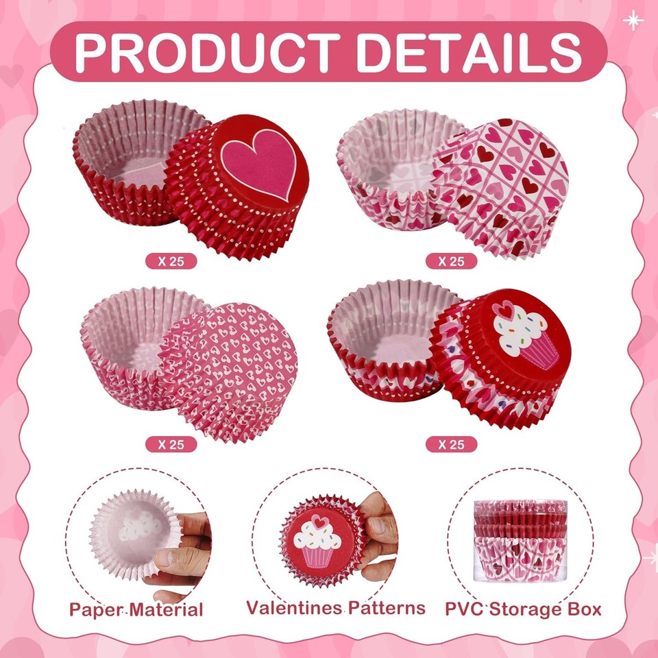 100PCS Valentines Cupcake Liners Love Heart Muffin Liners Paper Baking ...