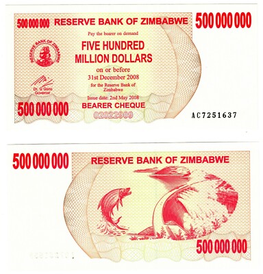 2008 Zimbabwe 500 Million DOLLAR Bearer Cheque P60 Banknote UNC | eBay