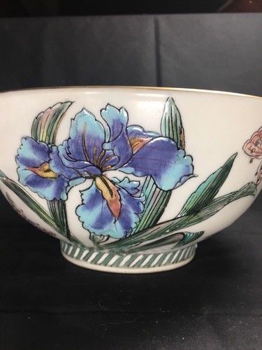 Andrea Sadek Hand Painted 10 inch heavy ceramic Art bowl blue Iris ...