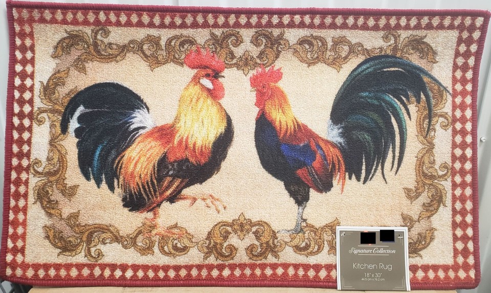 Printed Nylon Kitchen Rug (nonskid)(18"x30") 2 COLORFUL ROOSTERS ...