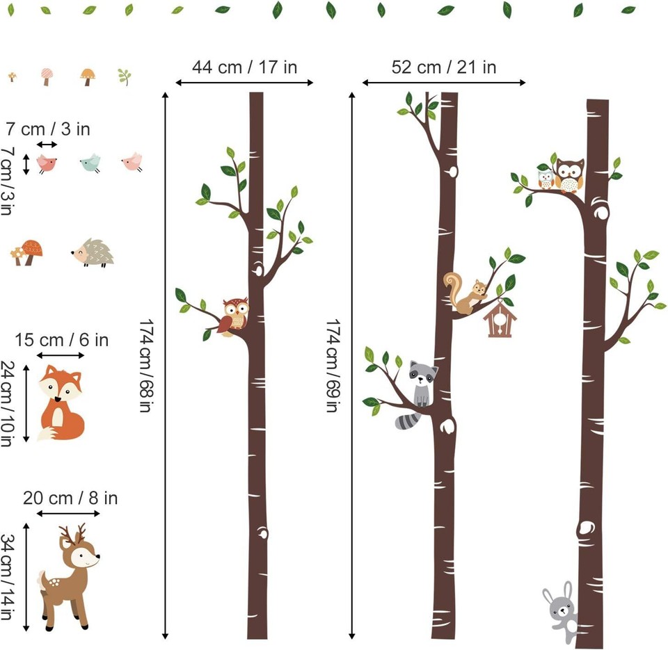 decalmile Large Birch Tree and Forest Animal Wall Decals Owl Squirrel ...