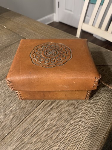 Vintage Handmade 100% Leather Trinket Box Jewelry Box Art Brown 6in x 4 ...