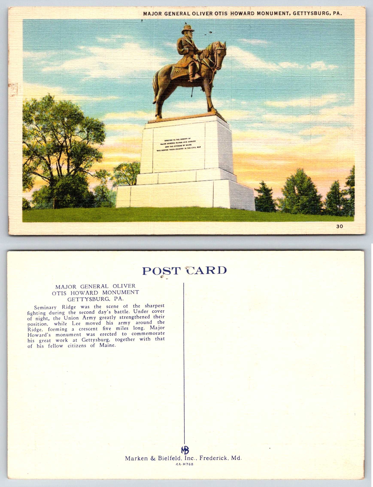 Gettysburg MAJOR GENERAL OLIVER OTIS HOWARD MONUMENT Pennsylvania Postcard e631 | eBay