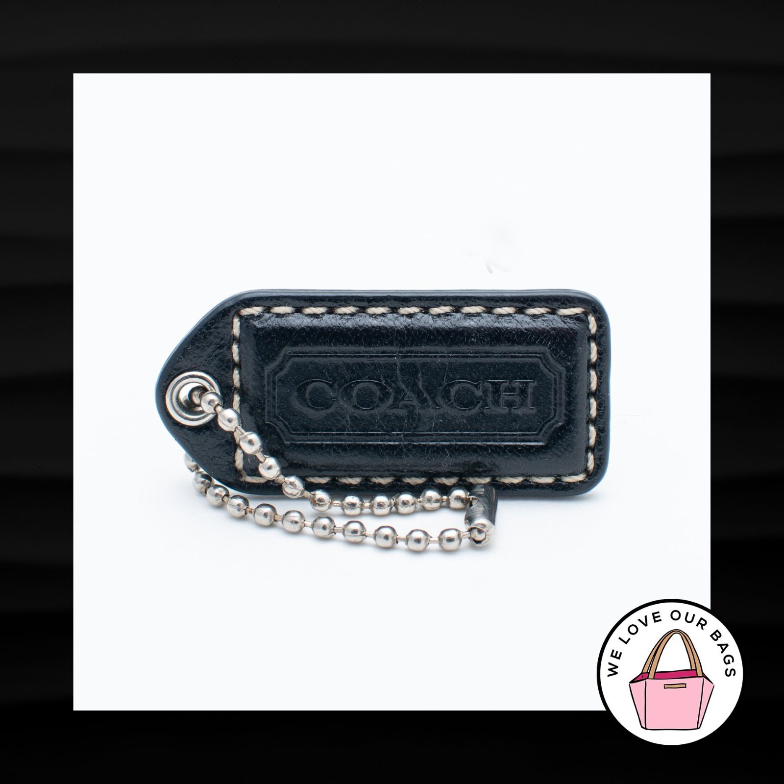 2" Medium COACH BLACK LEATHER NICKEL KEY FOB BAG CHARM KEYCHAIN HANGTAG ...