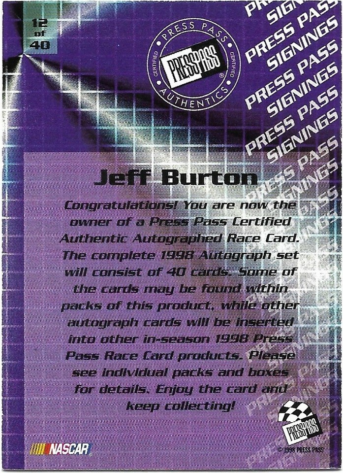 JEFF BURTON 1998 PRESS PASS SIGNINGS CARD AUTOGRAPH NASCAR | eBay