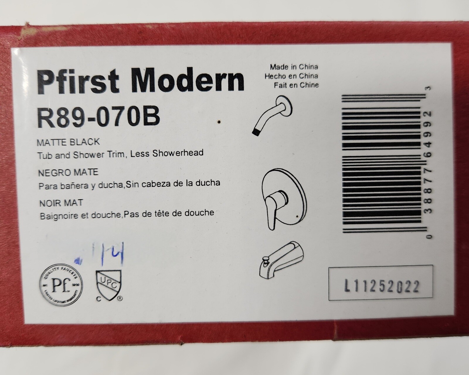 Pfister R89-070B Pfirst Modern 1-Handle Tub & Shower Trim Kit - Matte ...