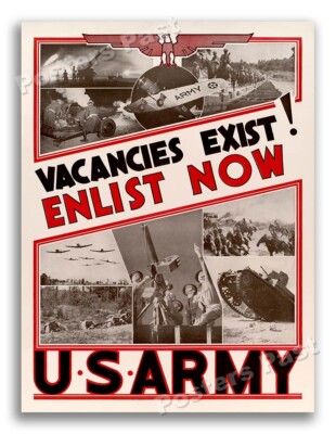 1940 “Enlist Now! U.S. Army” Vintage Style WW2 Recruiting Poster ...