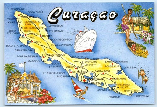 CURACAO ~ Caribbean Island ILLUSTRATED MAP Ship 4"x6" Cartograph ...