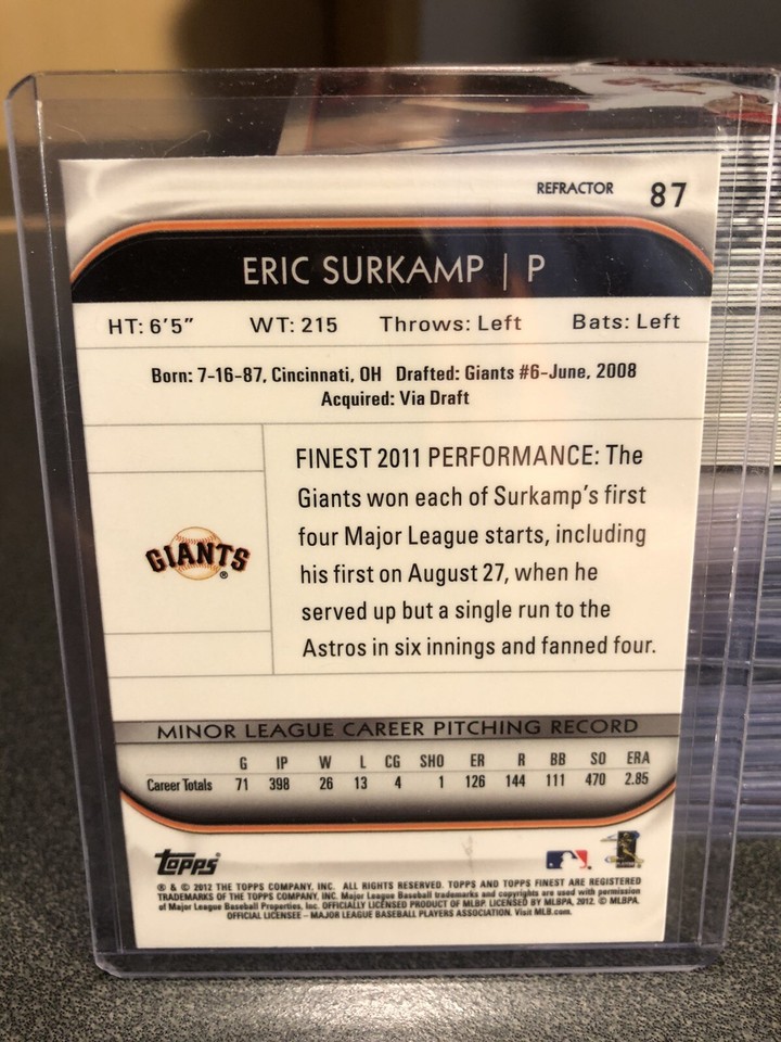 2012 TOPPS FINEST ERIC SURKAMP ROOKIE REFRACTOR CARD SAN FRANCISCO ...