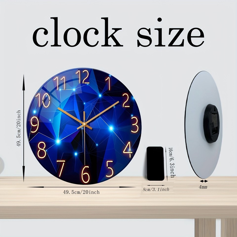 20 inch blue tempered glass wall clock living room office silent quartz ...
