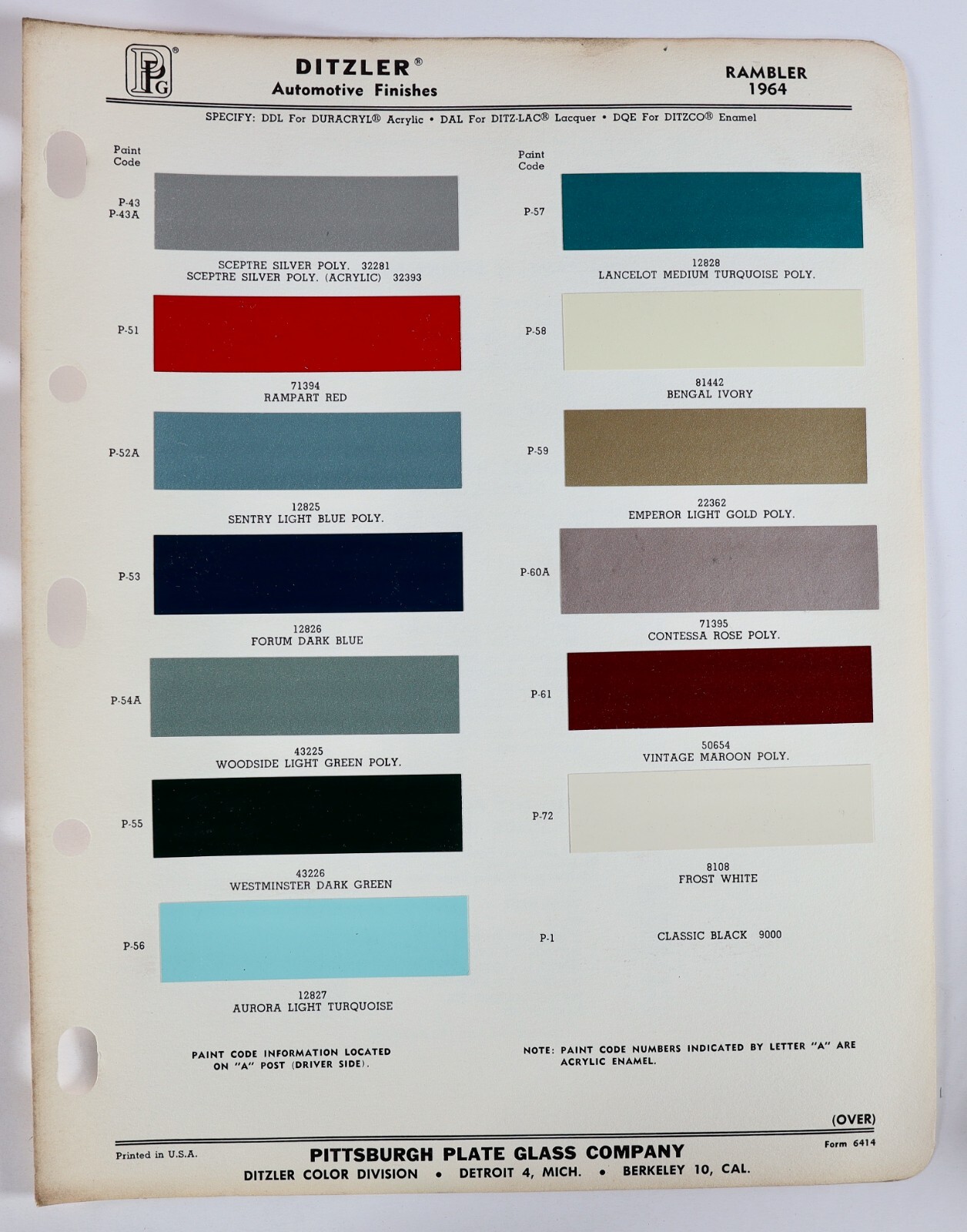 1964 Rambler Color Paint Chip Sheet Ditzler PPG Automotive Finishes | eBay