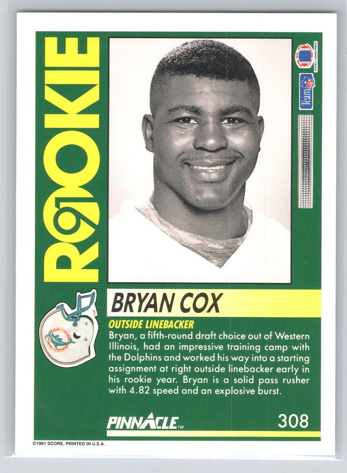 1991 Pinnacle #308 Bryan Cox RC Rookie - Dolphins - MINT | eBay