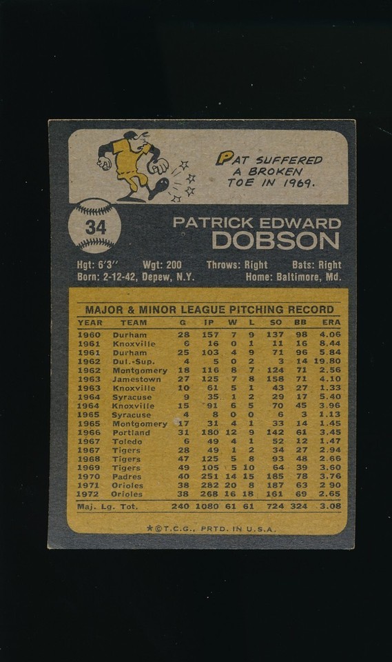 1973 Topps #34 Pat Dobson * Pitcher * Baltimore Orioles * EX/EX-MT * | eBay