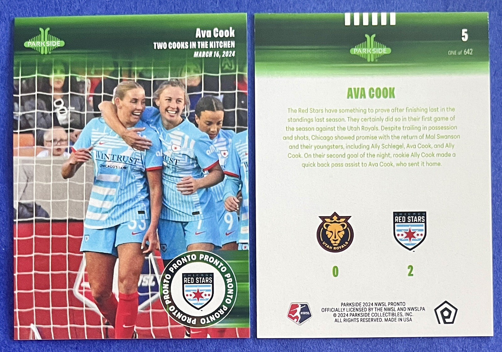 Ava Cook 2024 Parkside NWSL Pronto Week 1 Card #5 /642 CHICAGO RED ...