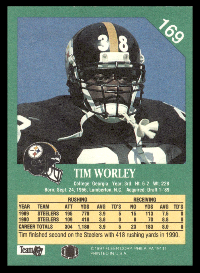 1991 Fleer Tim Worley #169 Pittsburgh Steelers NFL Football | eBay