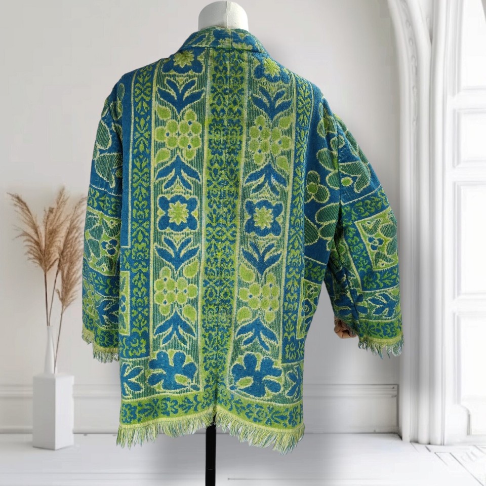 Vintage 60s 70s Terry Cloth Towel Jacket Green Blue Unisex Boho Fringe Coverup | eBay