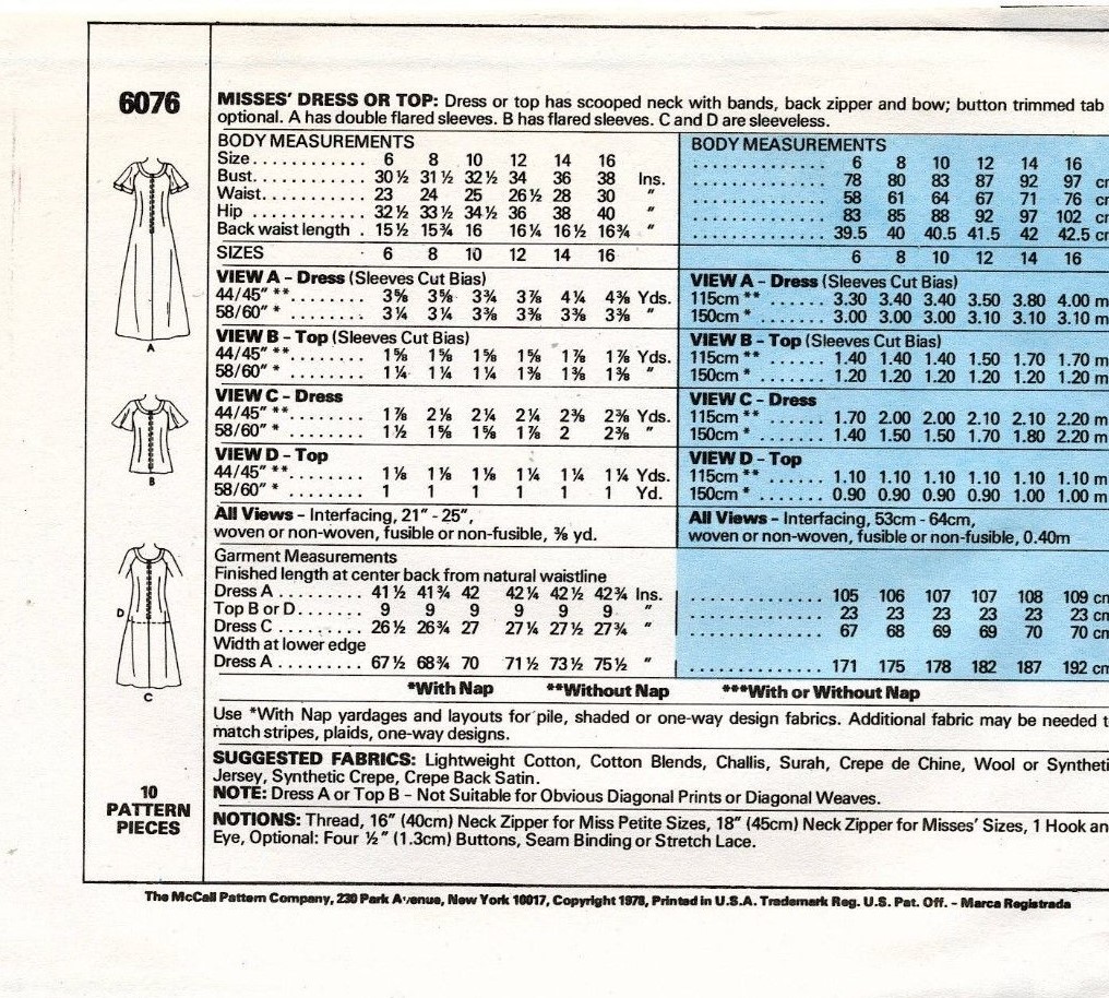 1970's VTG McCall's Misses' Dress or Top Pattern 6076 Size 8 UNCUT ...