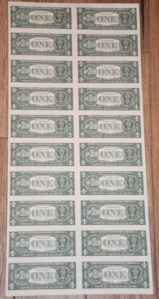 $1 UNCUT SHEET ONE DOLLAR BILLS $1x20 2017 UNITED STATES CURRENCY MONEY ...
