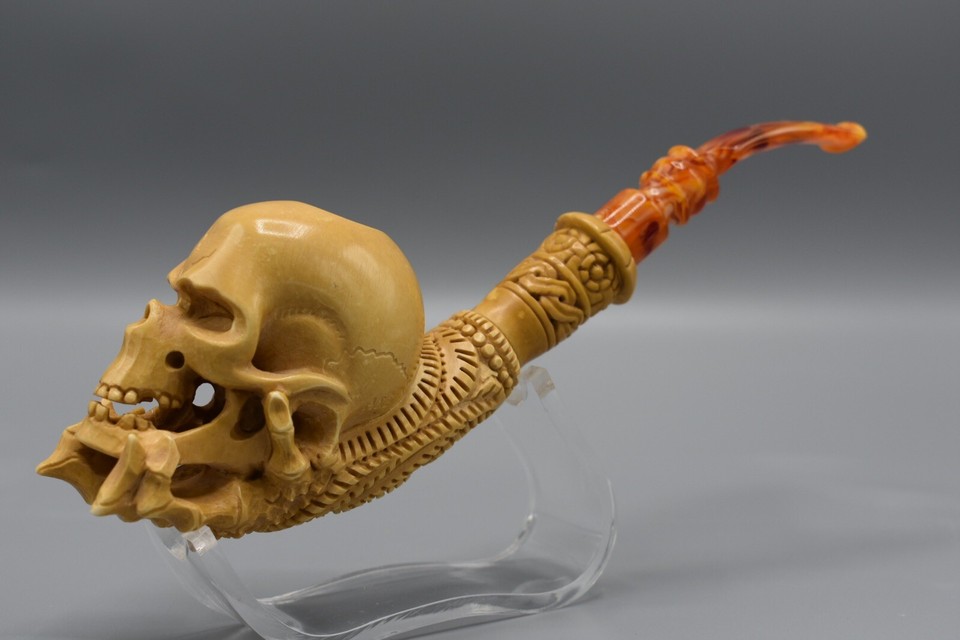 Skeleton Hand Holds Skull Pipe By Ali New Block Meerschaum Handmade W ...