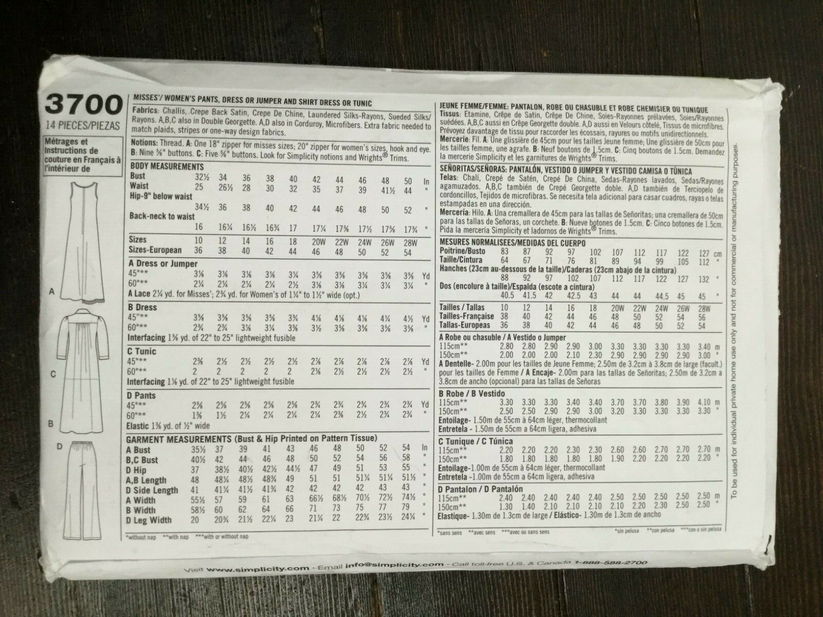 Simplicity Easy Wardrobe 3700 Pants Dress Jumper Shirtdress Tunic Plus ...